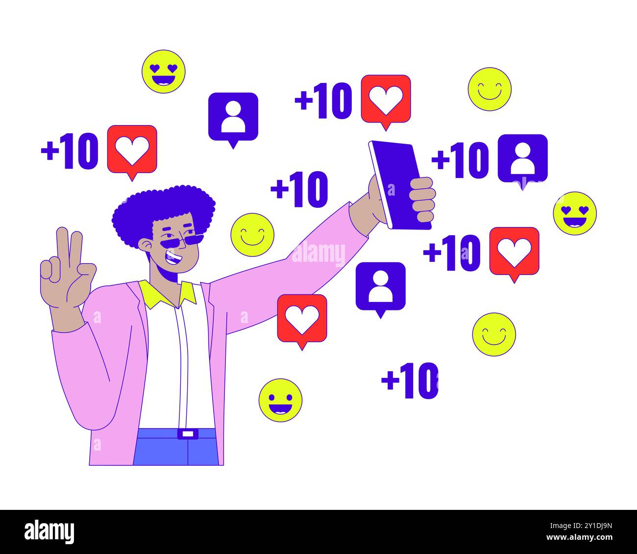 Influencer posing on phone camera for likes 2D linear cartoon character ...