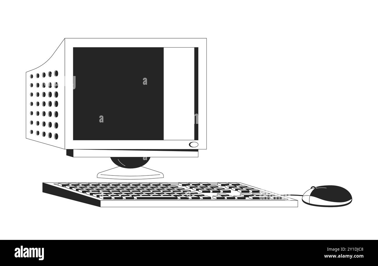 Vintage Computer With Monitor Black And White 2d Line Cartoon Object Stock Vector Image And Art