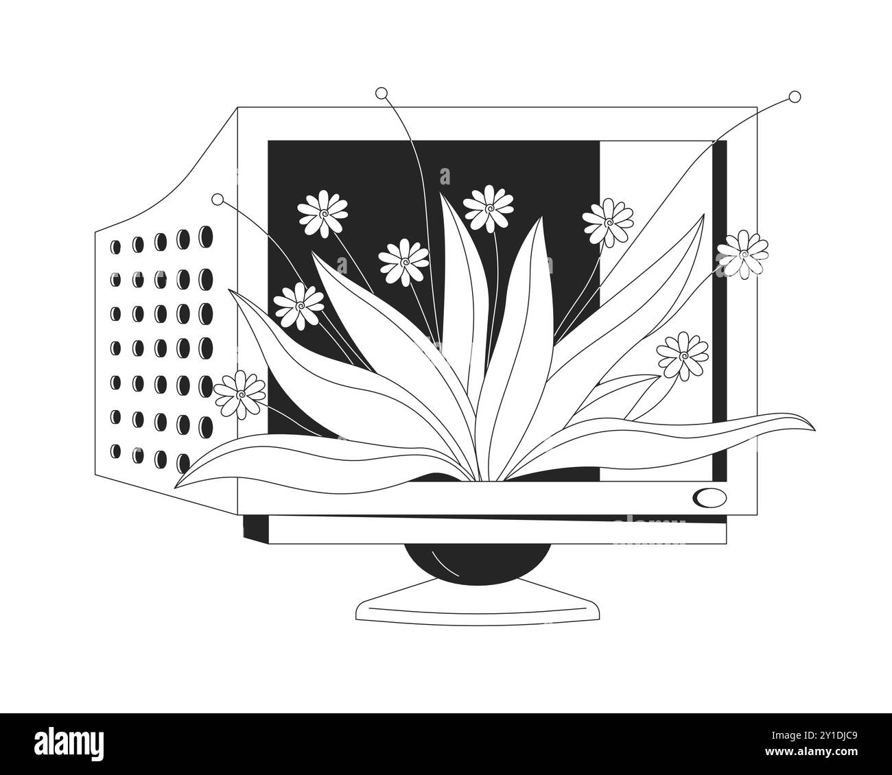 Plants covering computer screen black and white 2D illustration concept ...