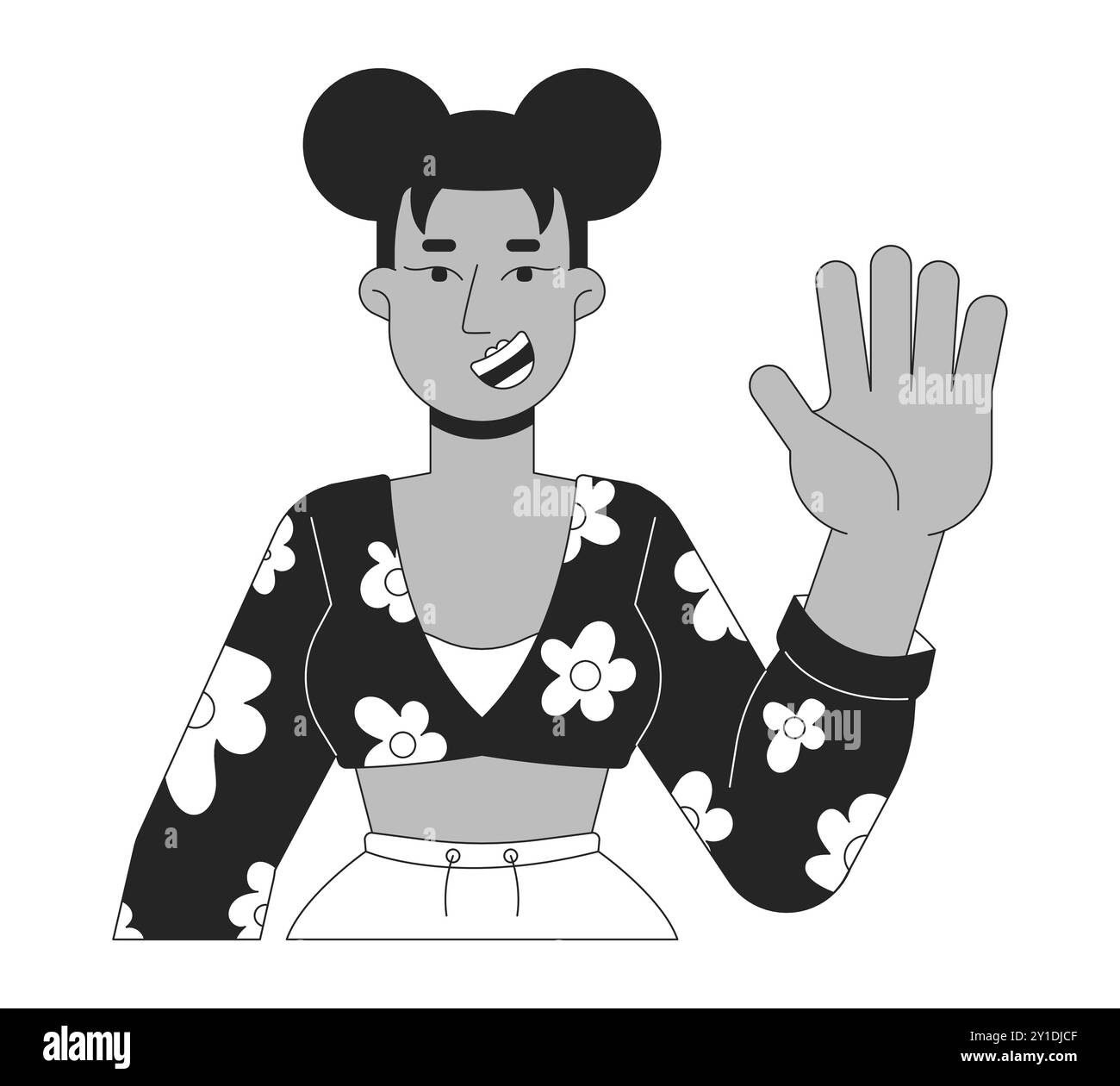 Stylish black woman waving hand black and white 2D line cartoon character Stock Vector Image ...