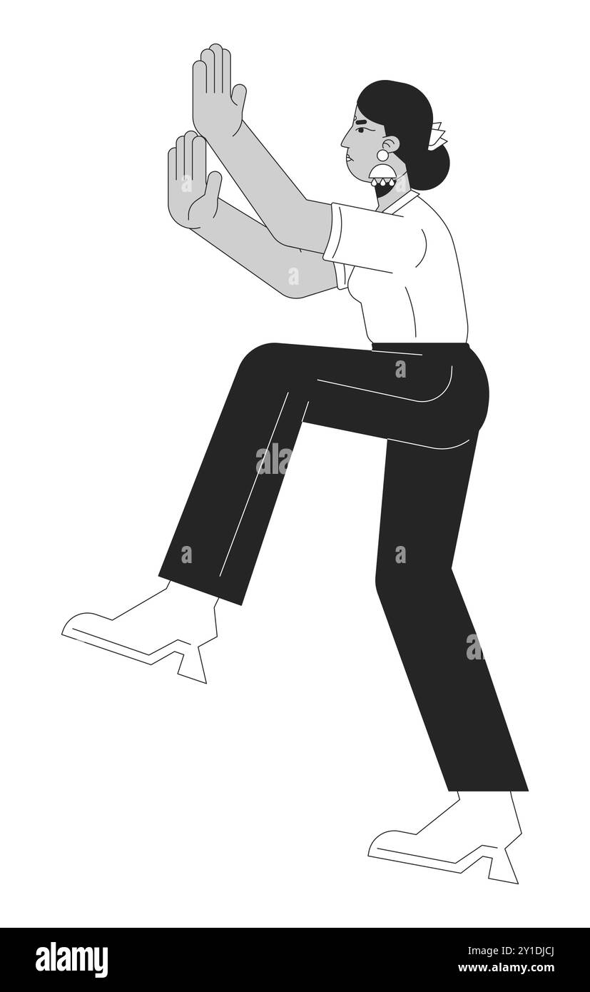 Indian woman pushing forward black and white 2D line cartoon character ...
