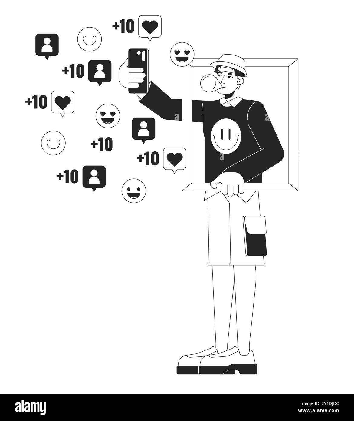 Male influencer selfie posting on social media black and white 2D ...