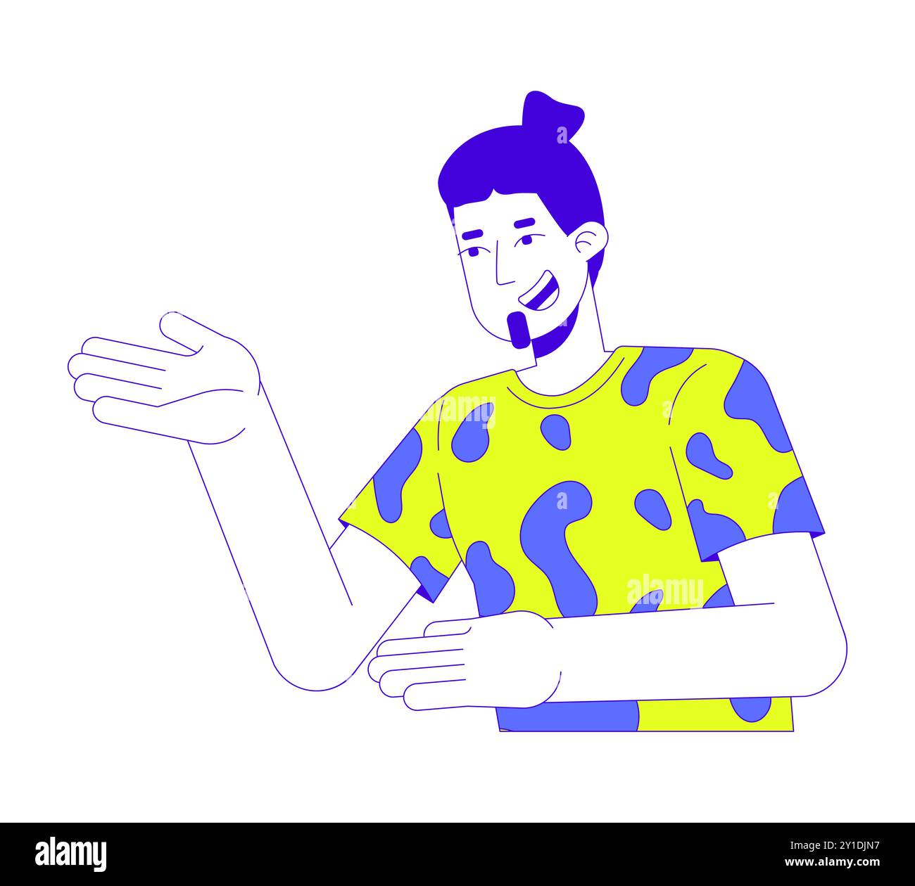 Influencer man gesturing demonstrating 2D linear cartoon character ...