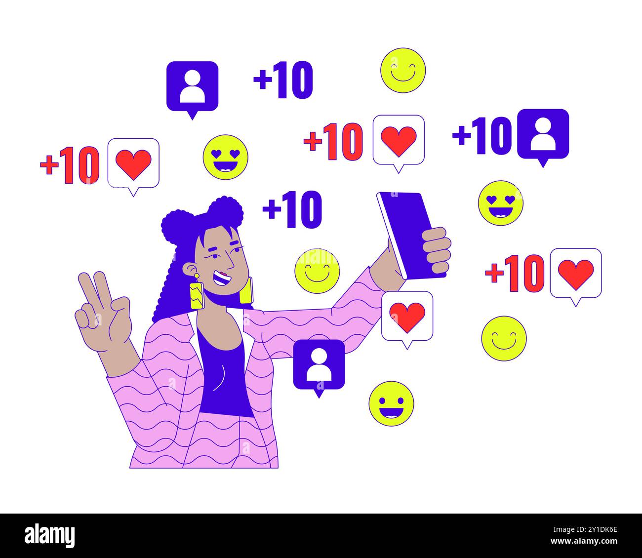 Blogger posing on smartphone camera for followers 2D linear cartoon ...