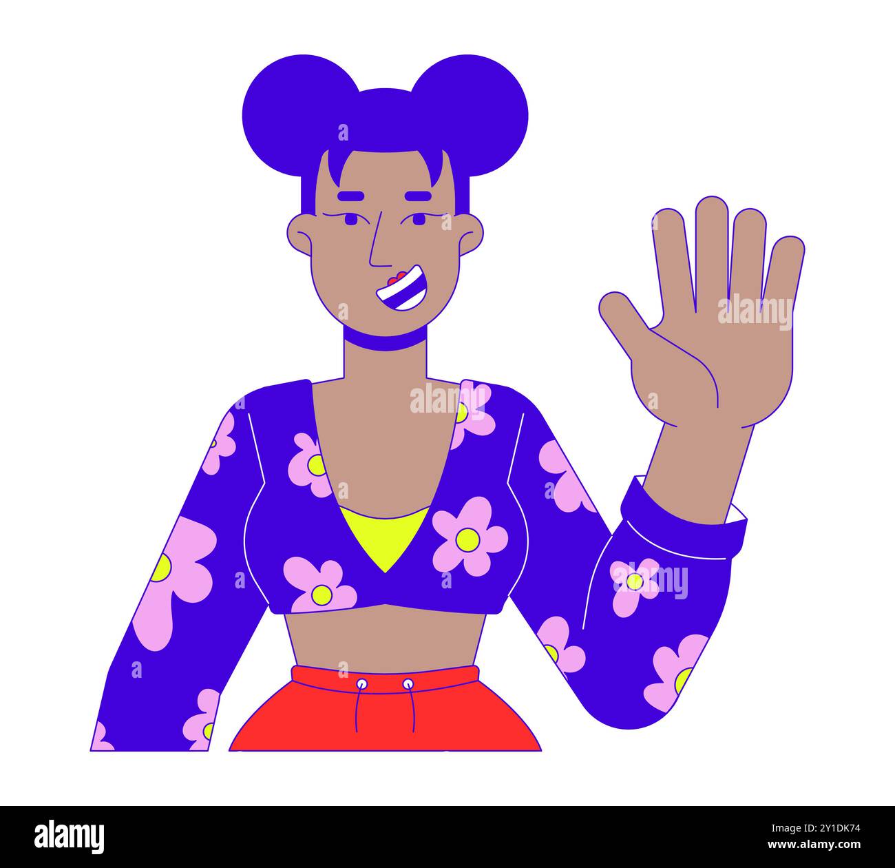 Stylish black woman waving hand 2D linear cartoon character Stock ...