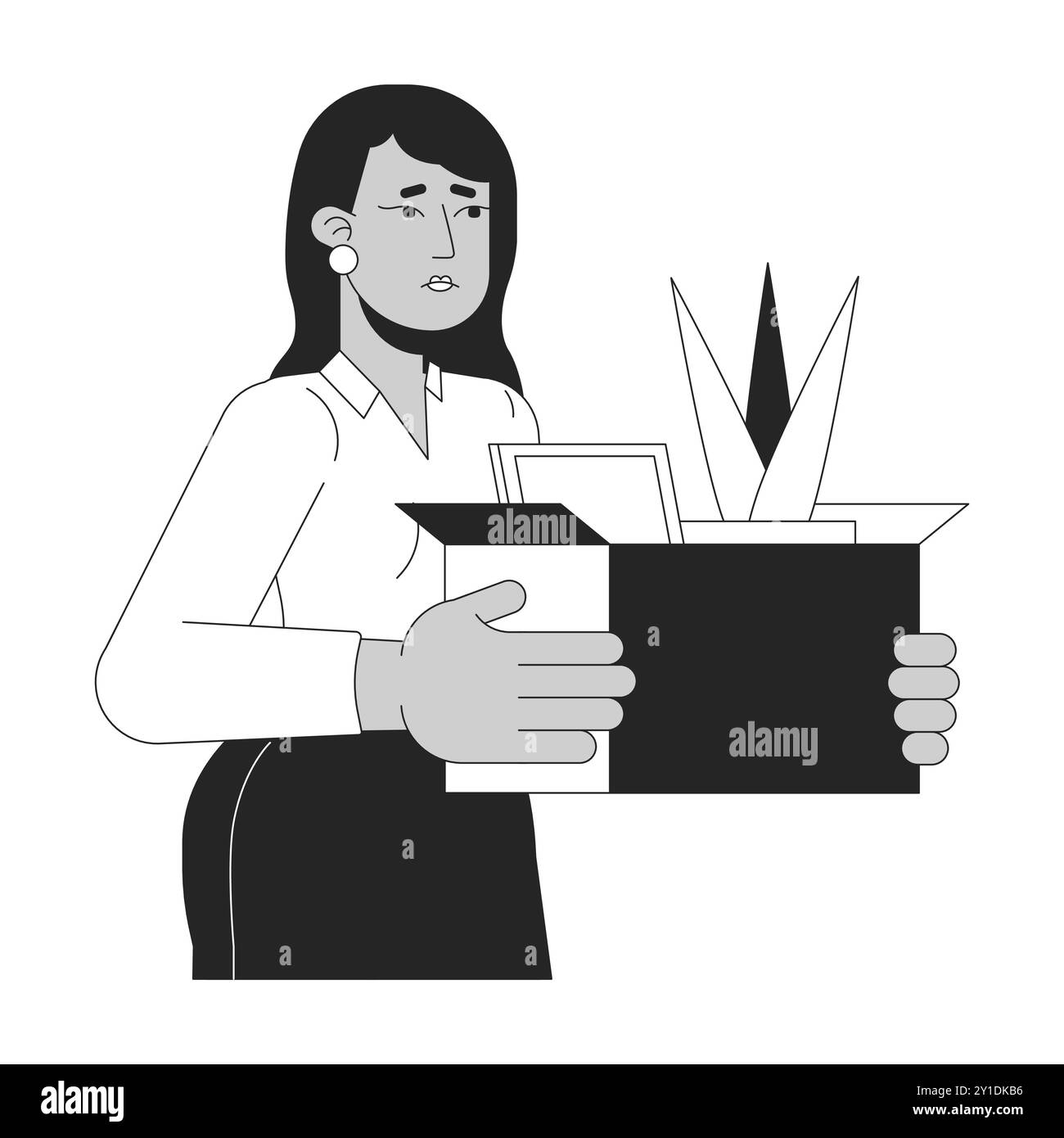 Depressed indian female losing job black and white 2D line cartoon ...