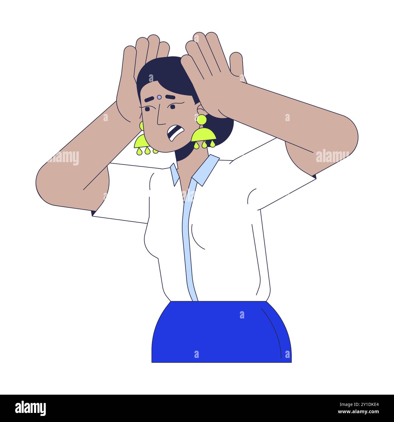 Stressed indian woman squeezing head 2D linear cartoon character Stock ...