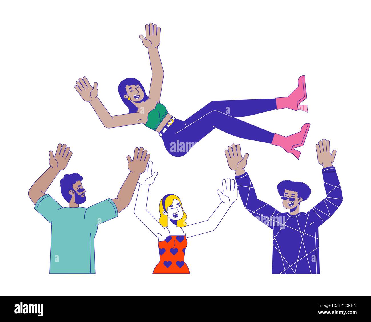 Joyful multiracial friends throwing hindu female in air 2D linear ...