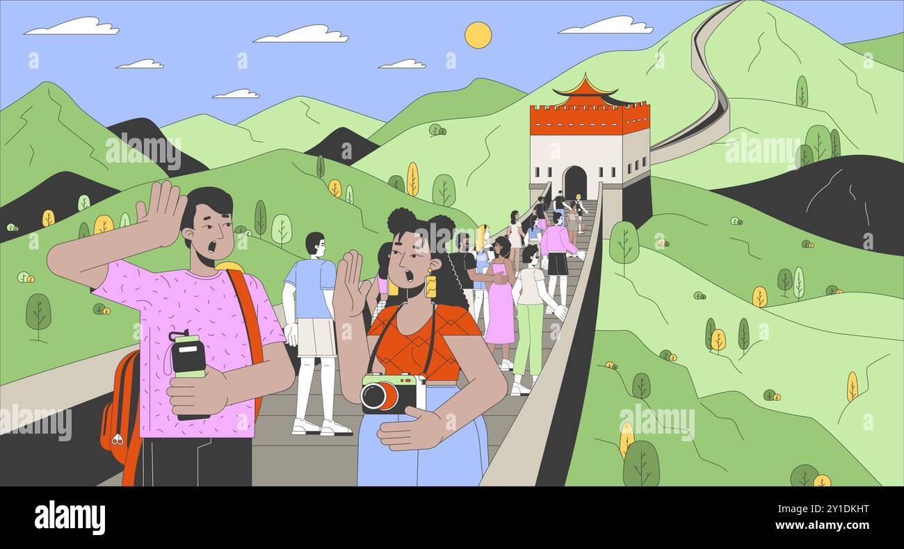 Tourists at Great Wall of China cartoon flat illustration Stock Vector ...