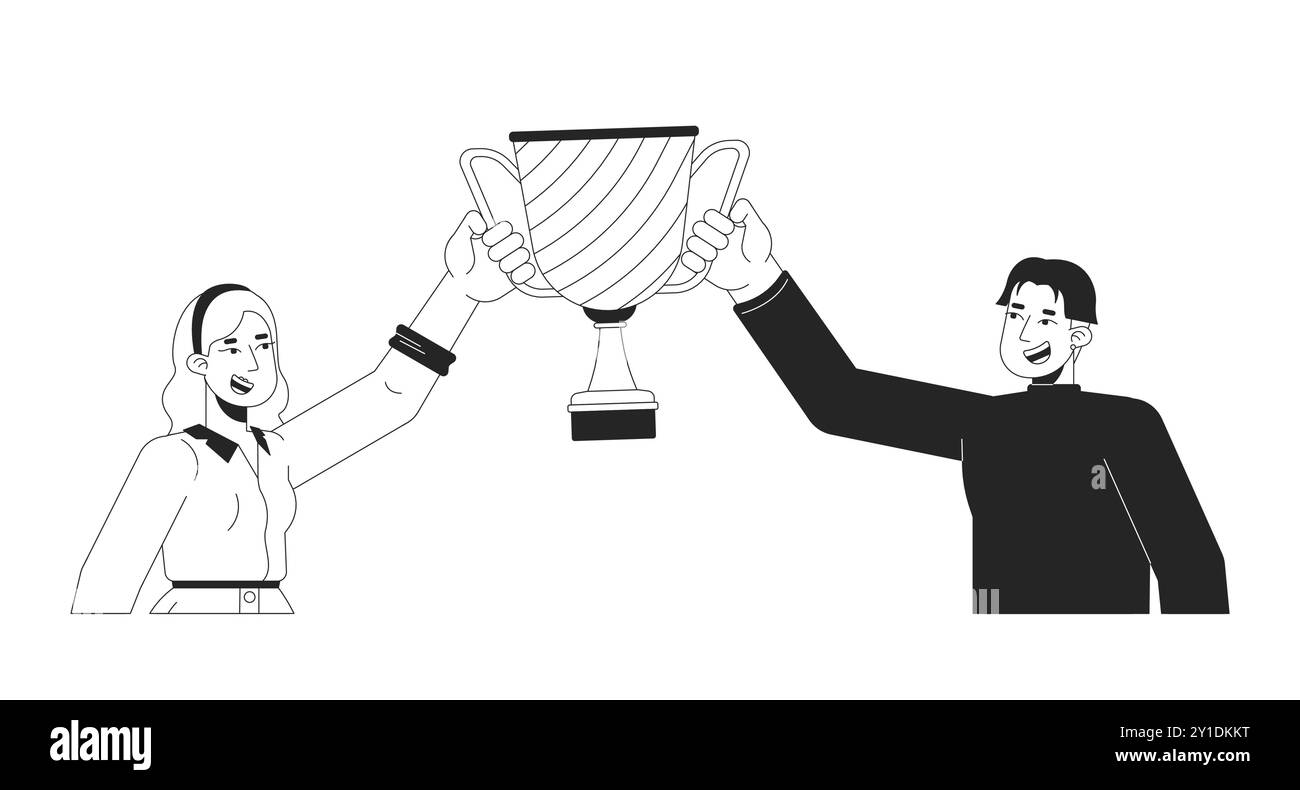 Happy diverse man and woman holding winner cup black and white 2D line ...