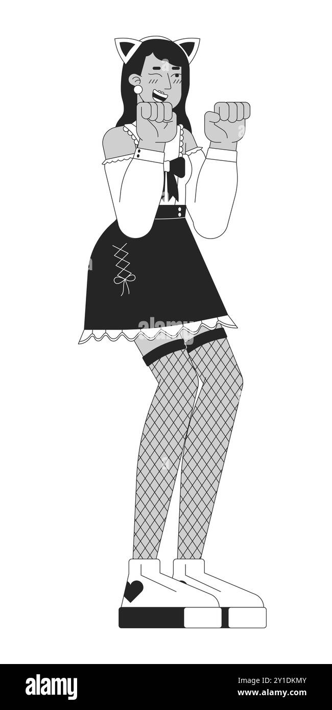 Indian female cosplayer in kawaii outfit black and white 2D line ...