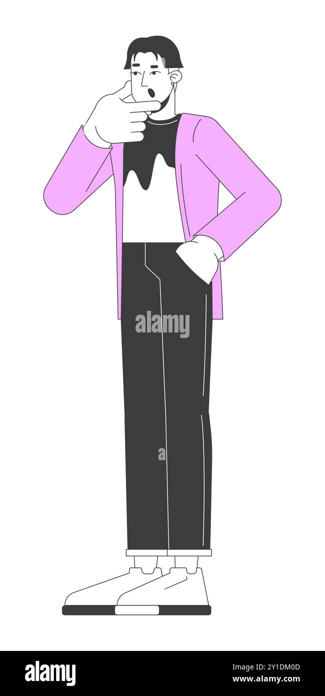 Korean man in stylish clothes rubbing chin 2D linear cartoon character ...