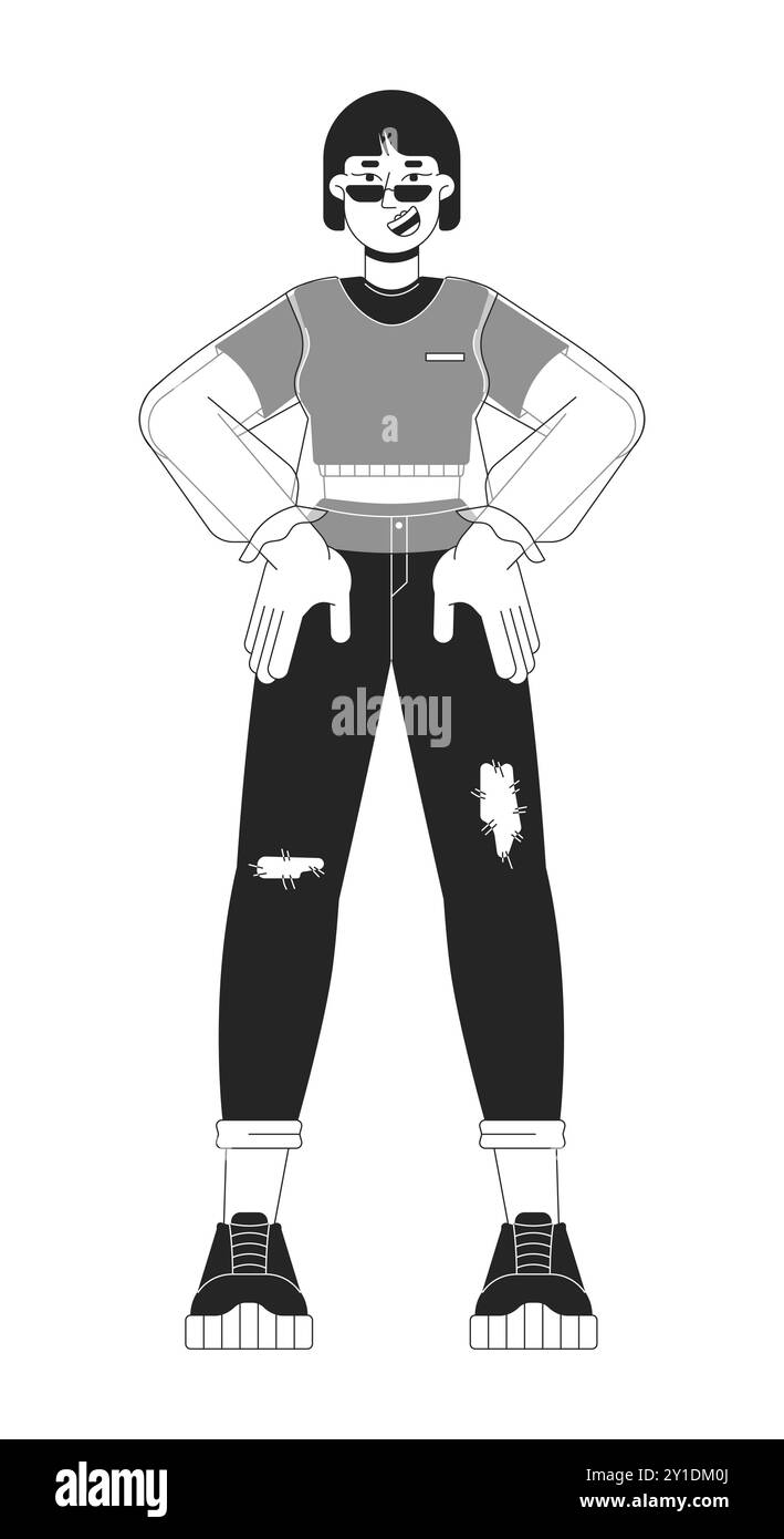 Fashionable korean woman power pose black and white 2D line cartoon ...