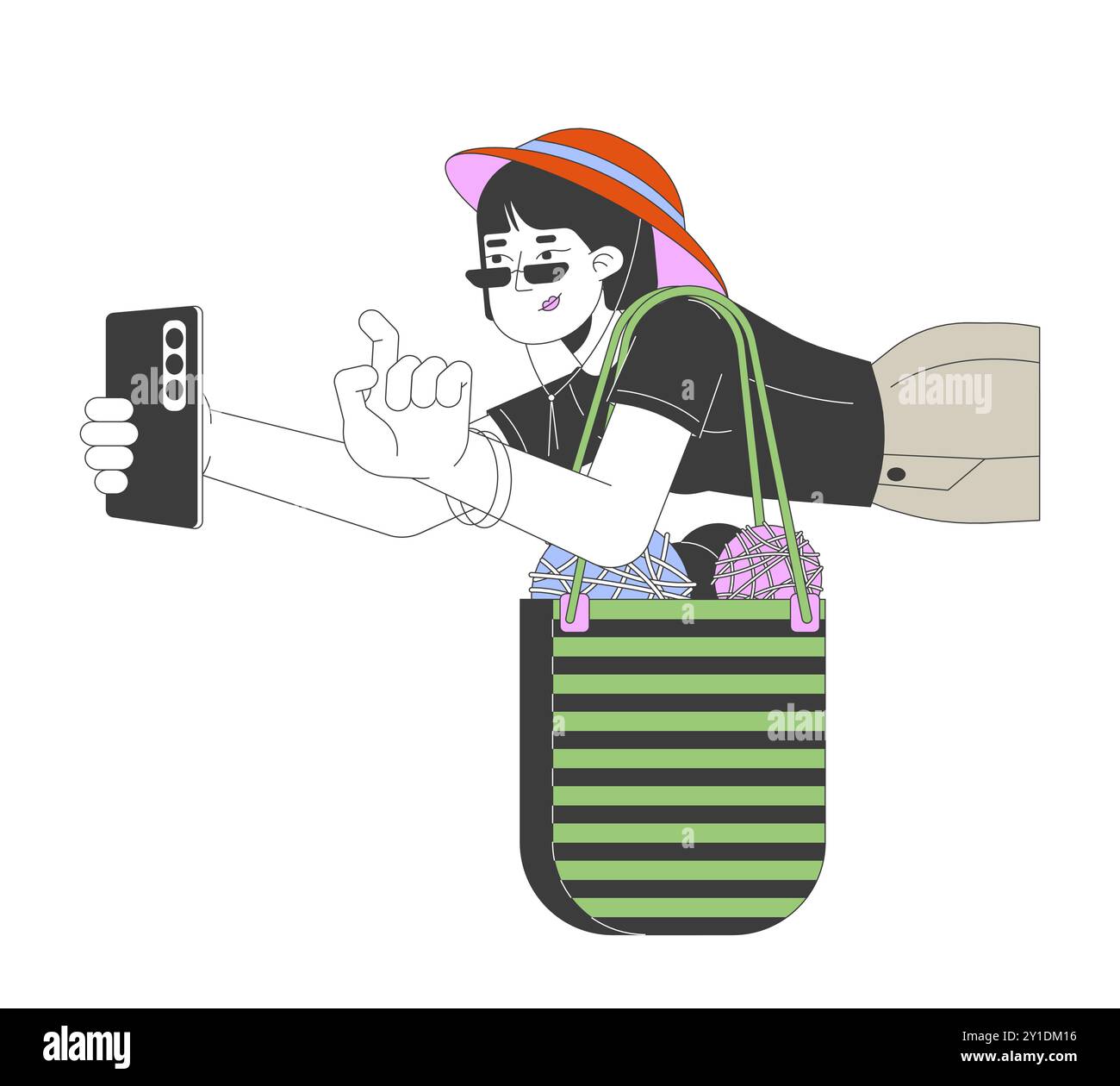 Asian woman with yarn bag taking photo 2D linear cartoon character ...