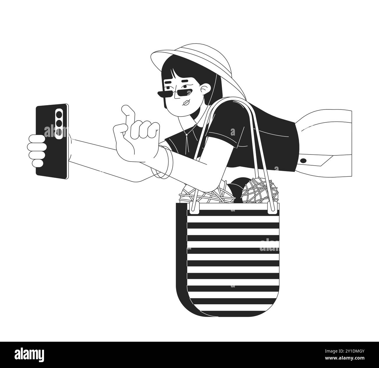 Asian Woman With Yarn Bag Taking Photo Black And White 2d Line Cartoon Character Stock Vector
