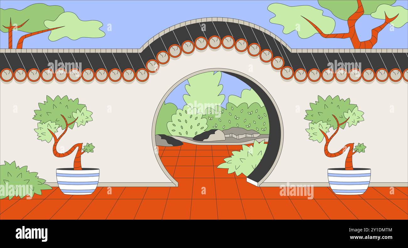 Chinese garden moon gate cartoon flat illustration Stock Vector Image ...