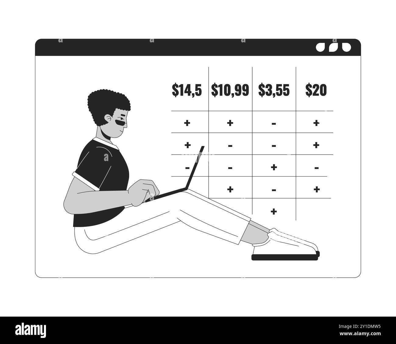 Latin american man with laptop and price chart black and white 2D line cartoon character Stock ...