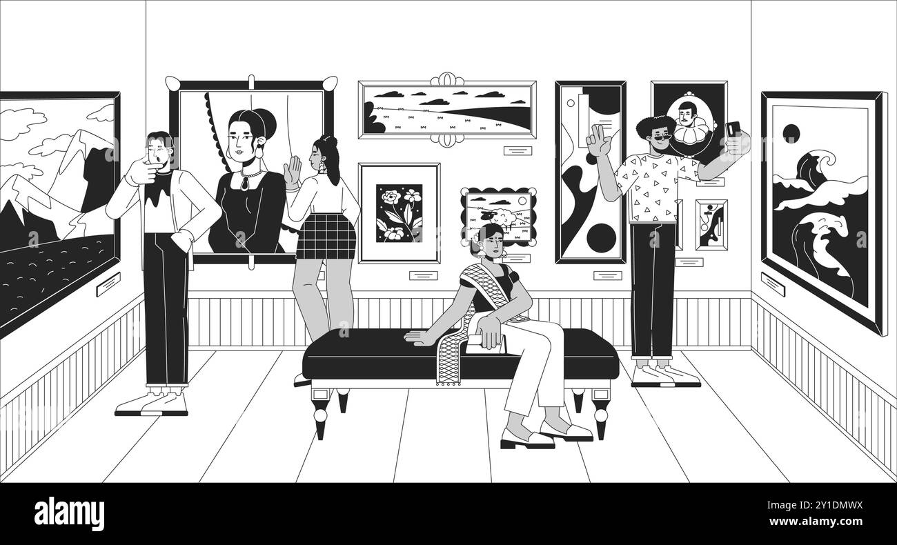 Art gallery visitors black and white line illustration Stock Vector ...