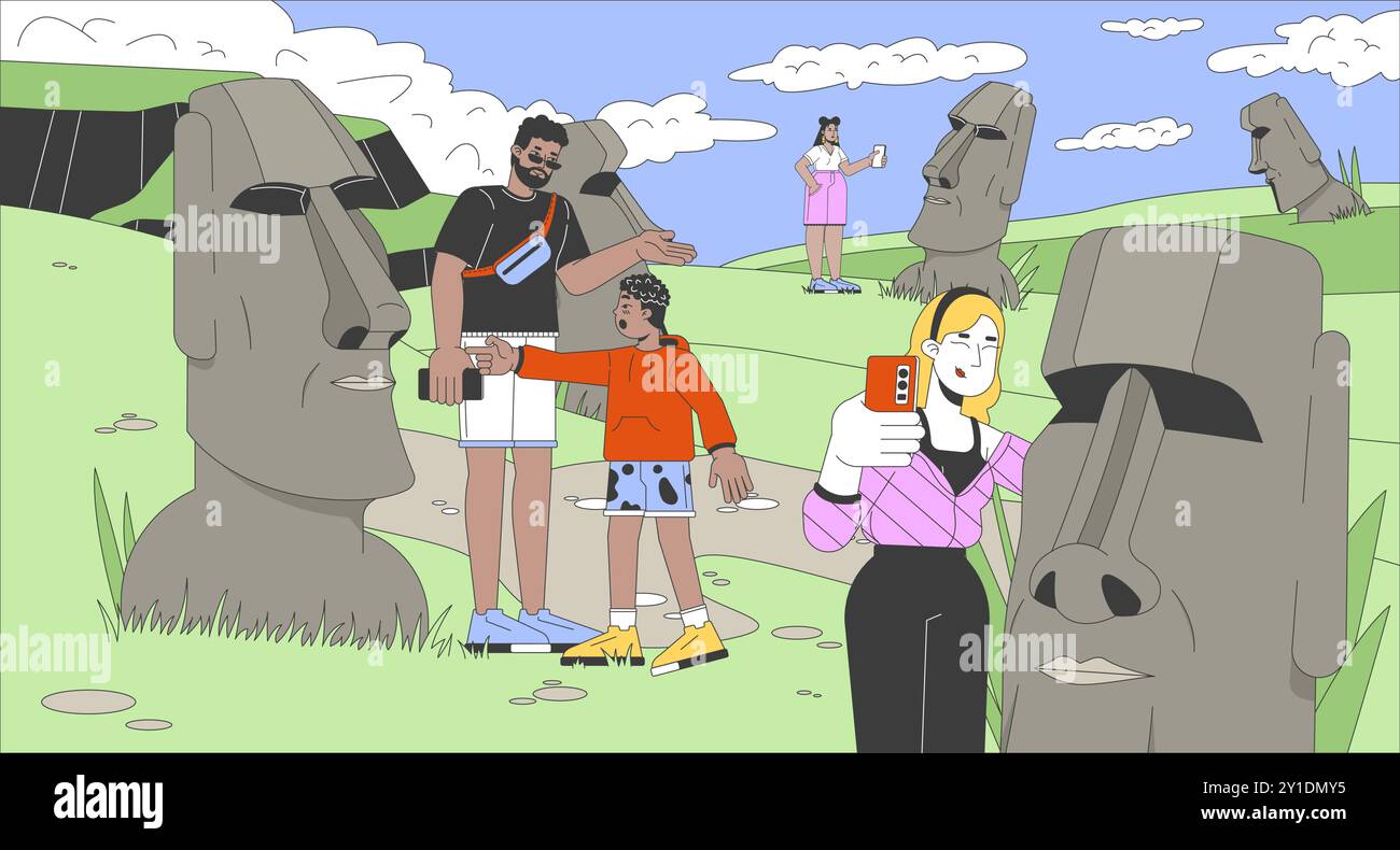 Tourists visit Easter island cartoon flat illustration Stock Vector ...