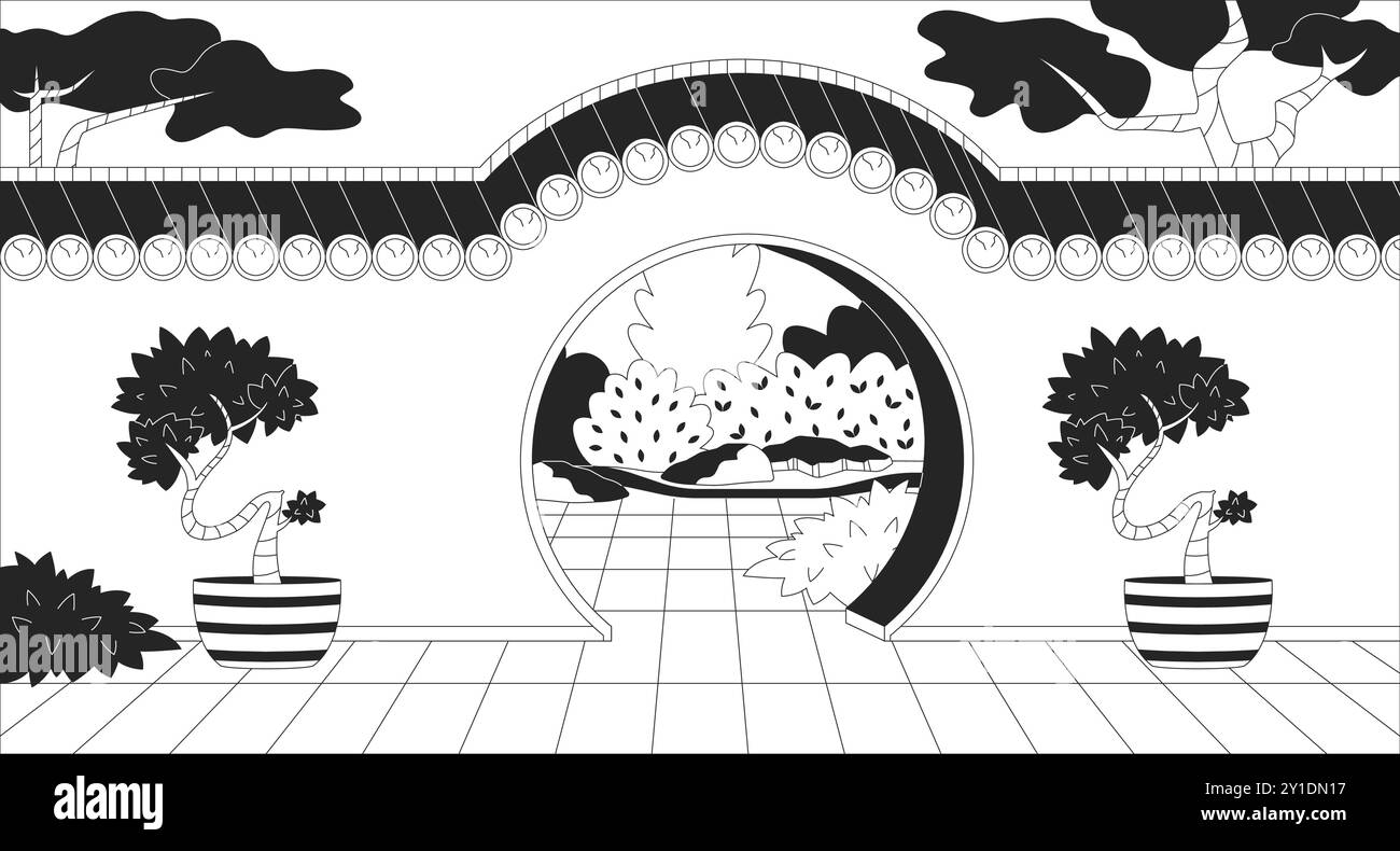 Chinese garden moon gate black and white line illustration Stock Vector ...