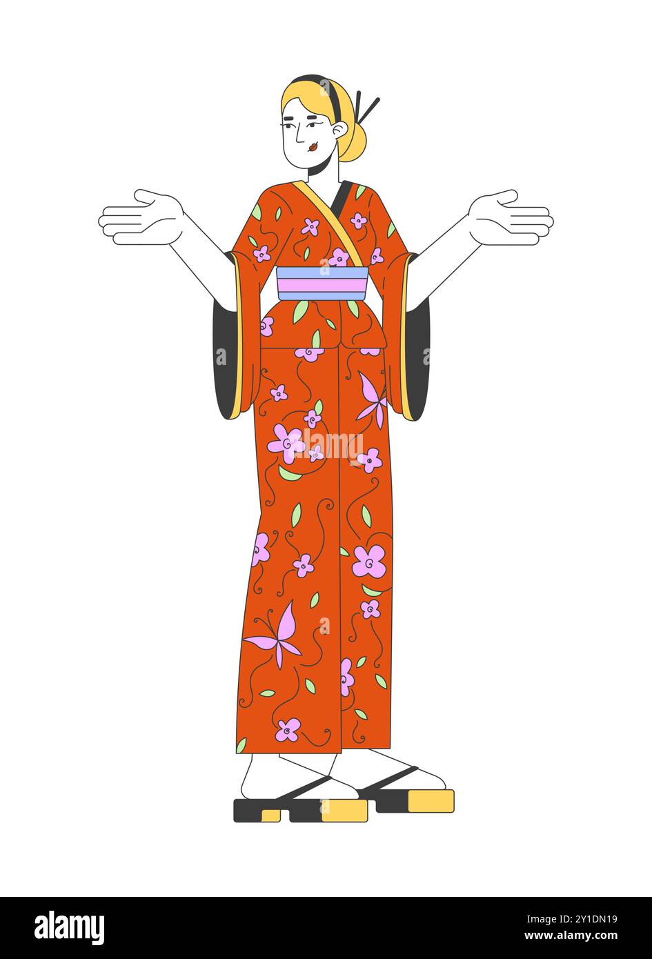 Blonde female tourist renting kimono in Japan 2D linear cartoon ...