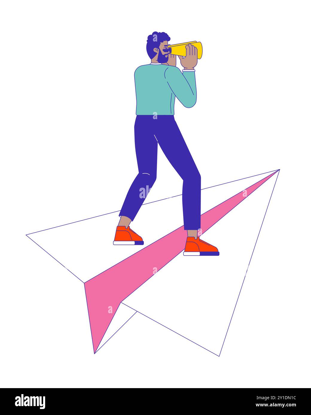 African american man with binoculars on paper plane 2D linear cartoon ...