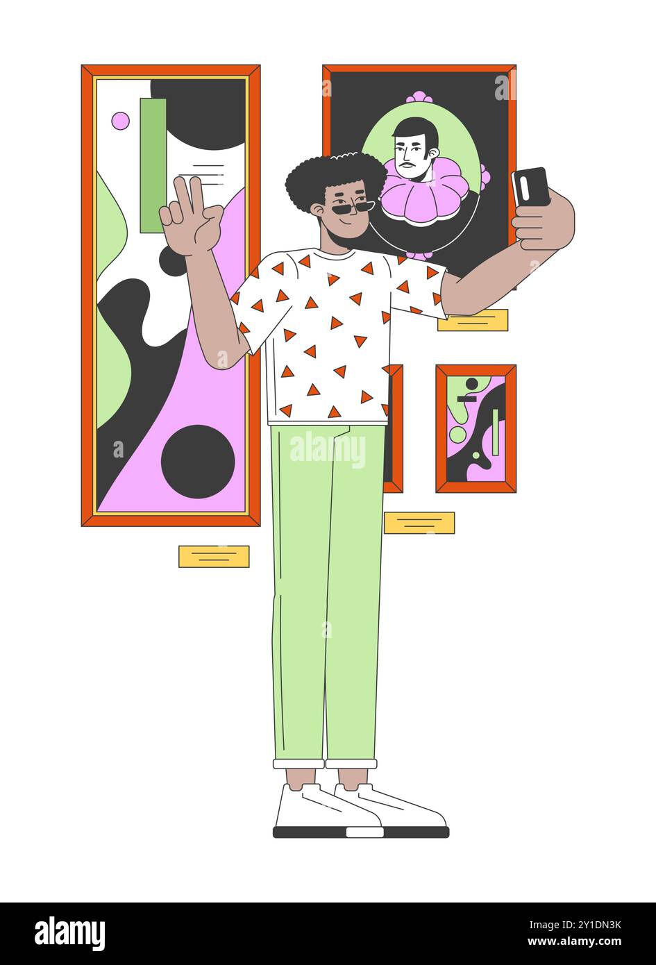 Hispanic man posing for selfie against famous paintings 2D linear ...