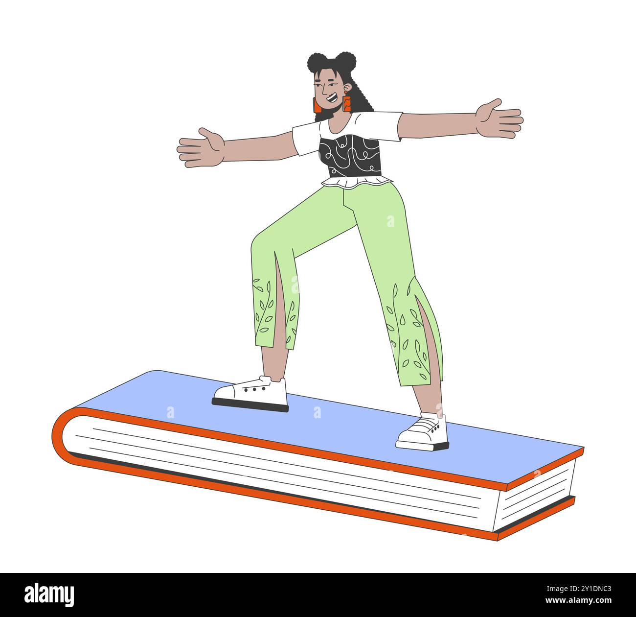 Latin american woman surfing book 2D linear cartoon character Stock ...