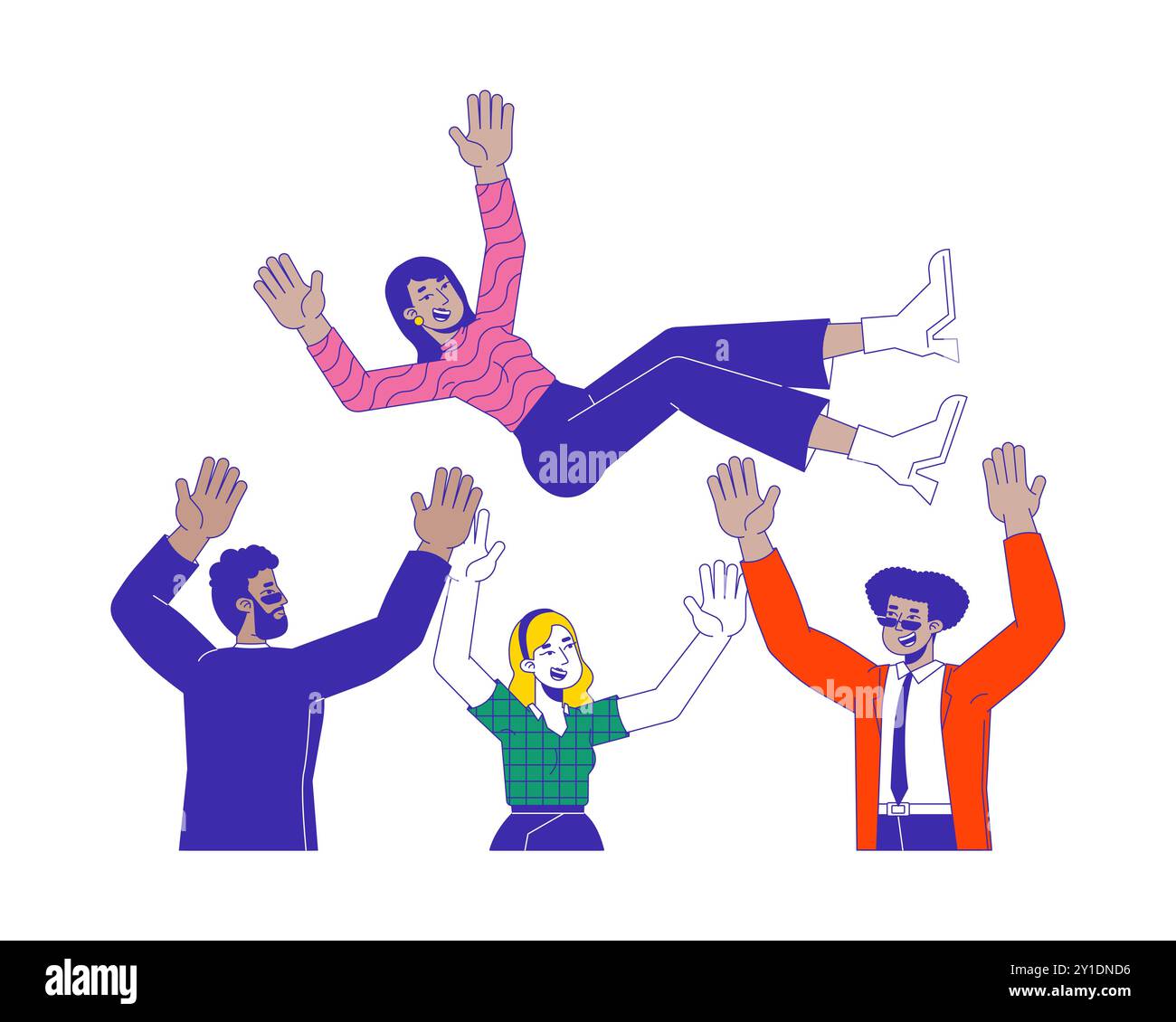 Diverse colleagues throwing indian woman in air 2D linear cartoon ...