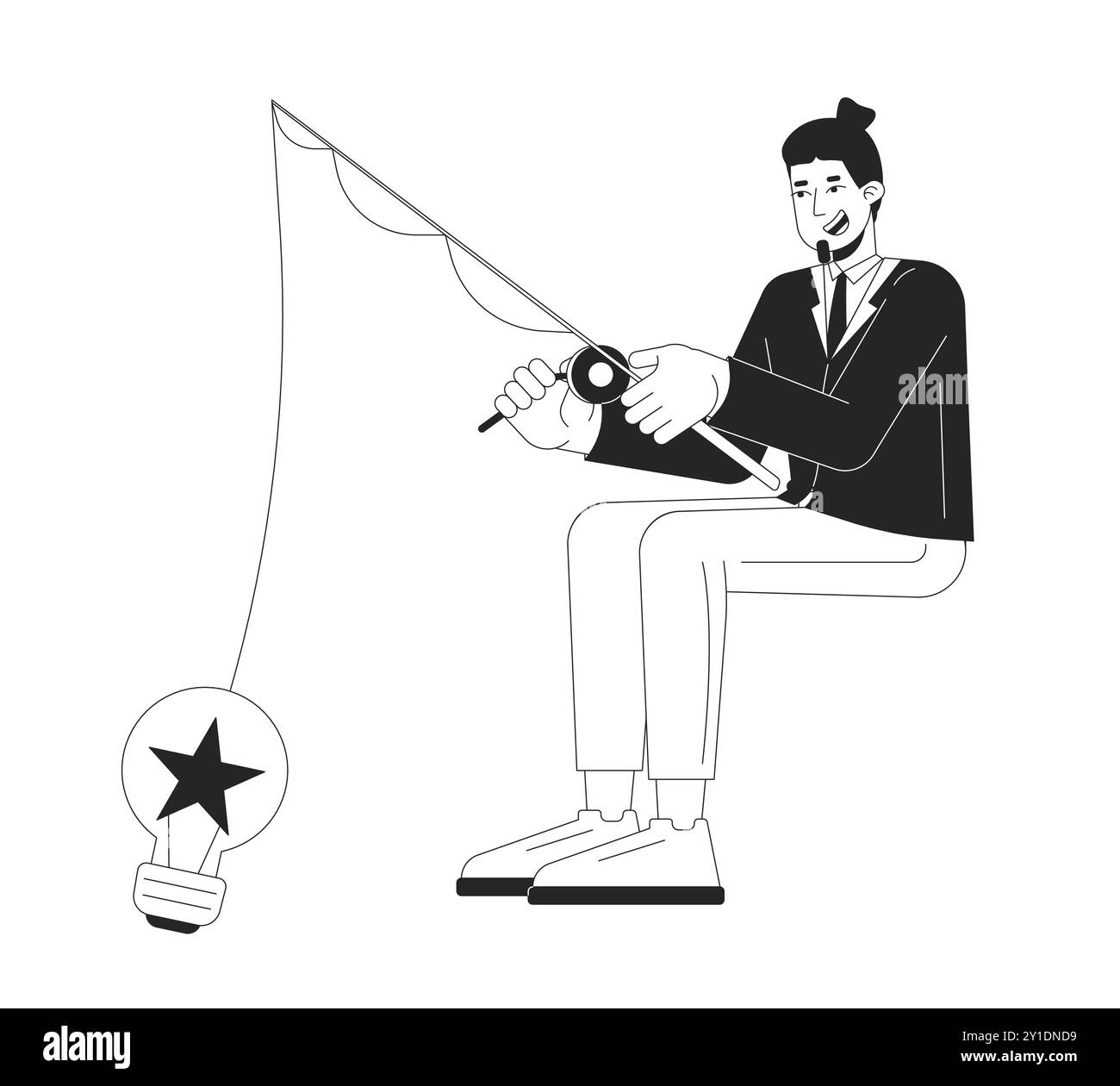 Happy caucasian businessman fishing for ideas 2D linear cartoon ...