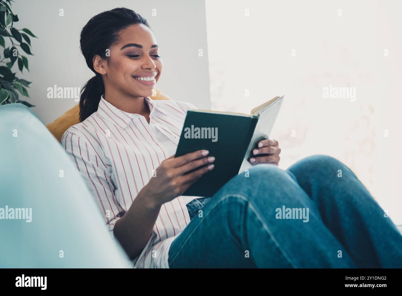 Portrait of nice young woman enjoy read book sofa wear shirt modern ...