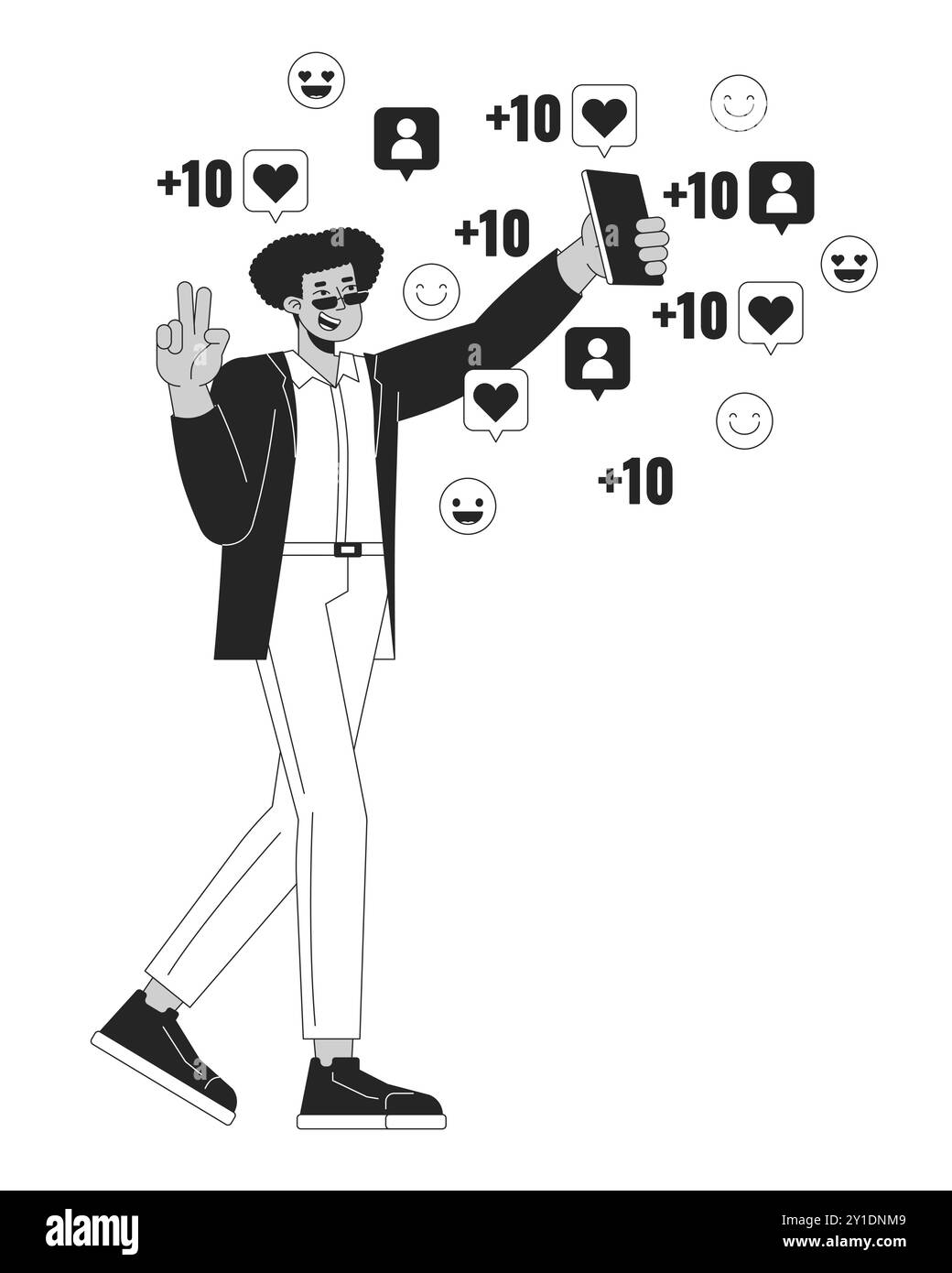 Influencer man with phone followers likes black and white 2D ...