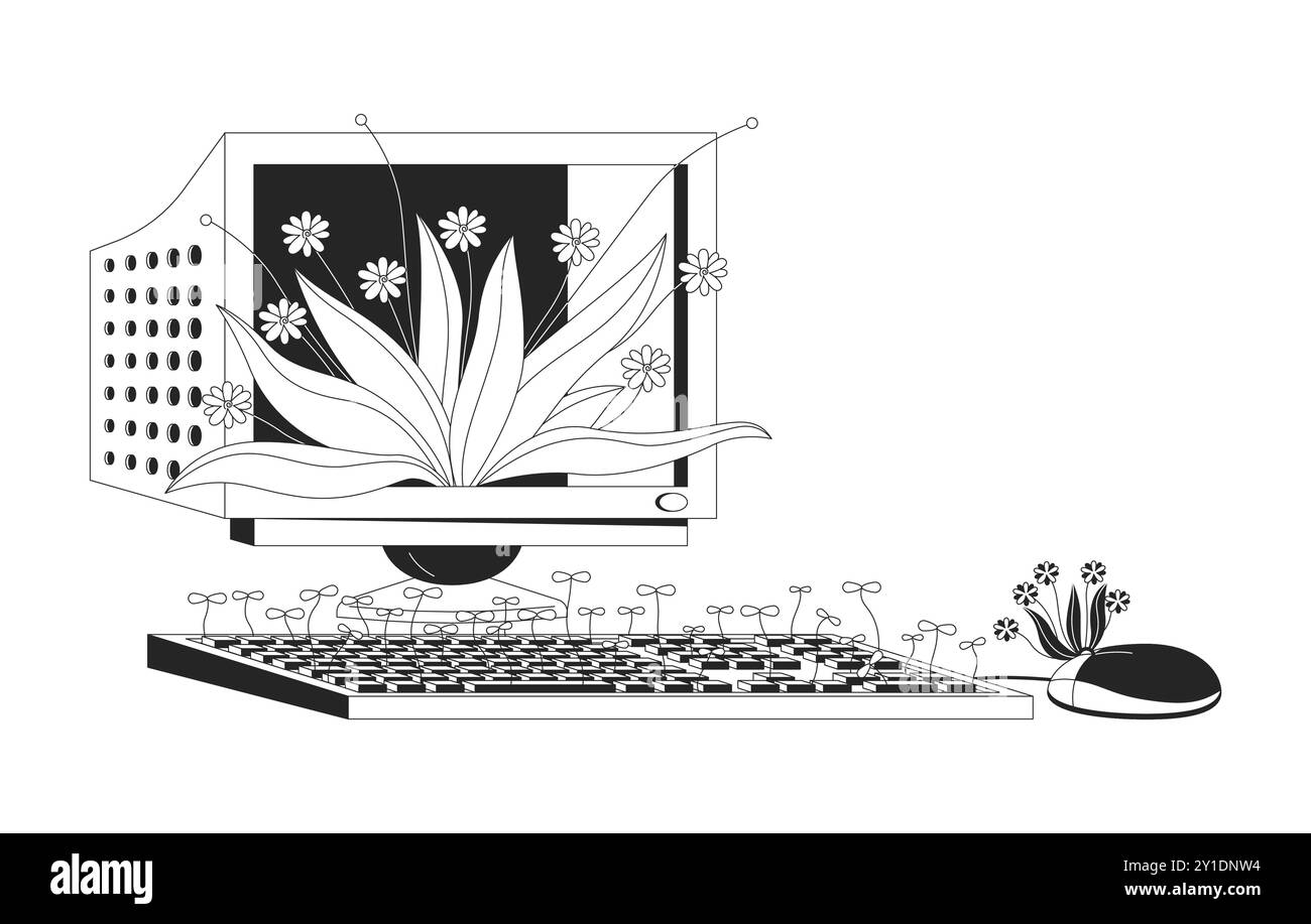 Old computer with wild plants black and white 2D illustration concept ...