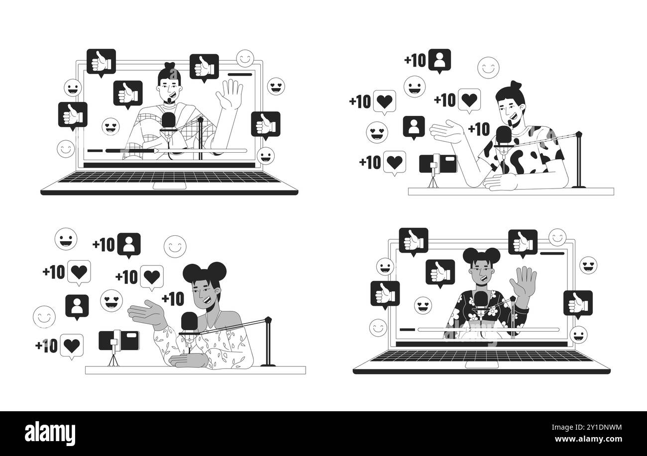 Influencer content creator black and white 2D illustration concept set ...