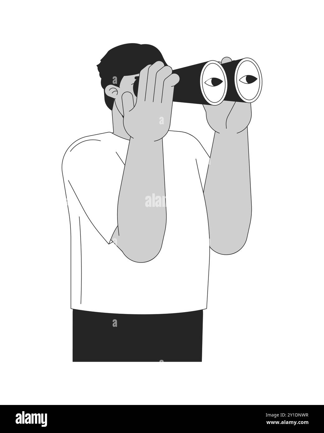 Arab man looking in binoculars black and white 2D line cartoon ...