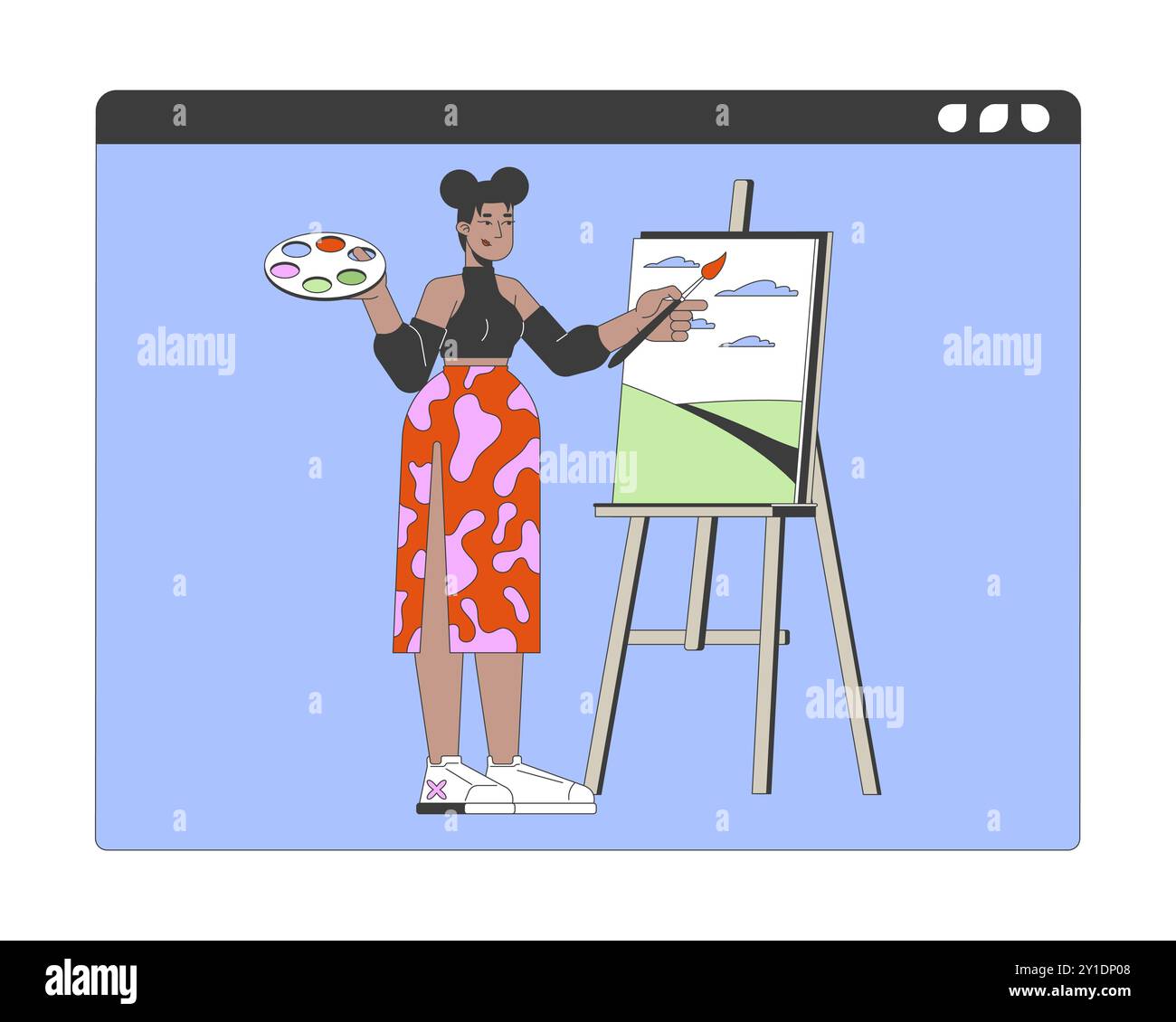 African American Woman Conducting Art Lesson Online 2d Linear Cartoon