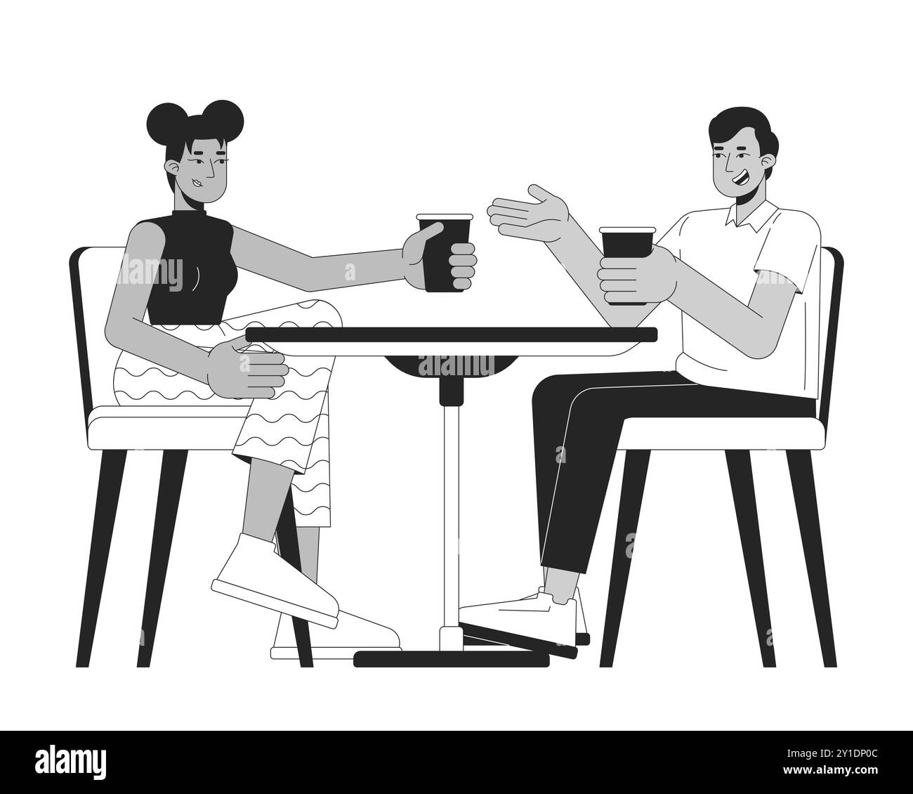 Multiracial friends with drinks at cafe table black and white 2D line ...