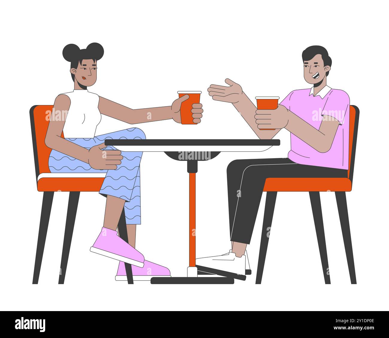 Multiracial friends with drinks at cafe table 2D linear cartoon ...
