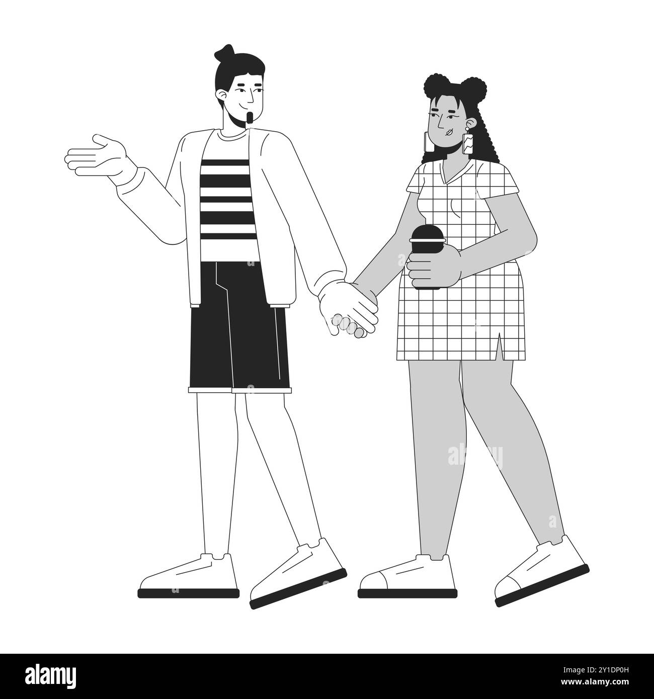 Diverse couple walking together black and white 2D line cartoon ...
