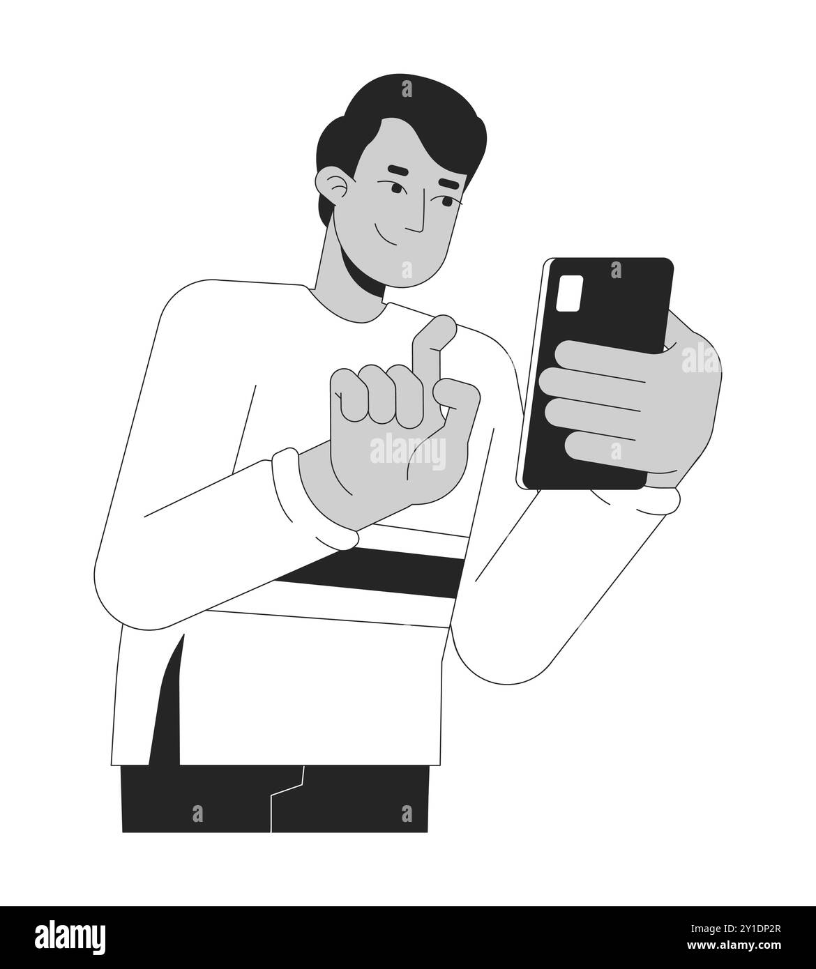 Gen z indian man typing smartphone black and white 2D line cartoon ...