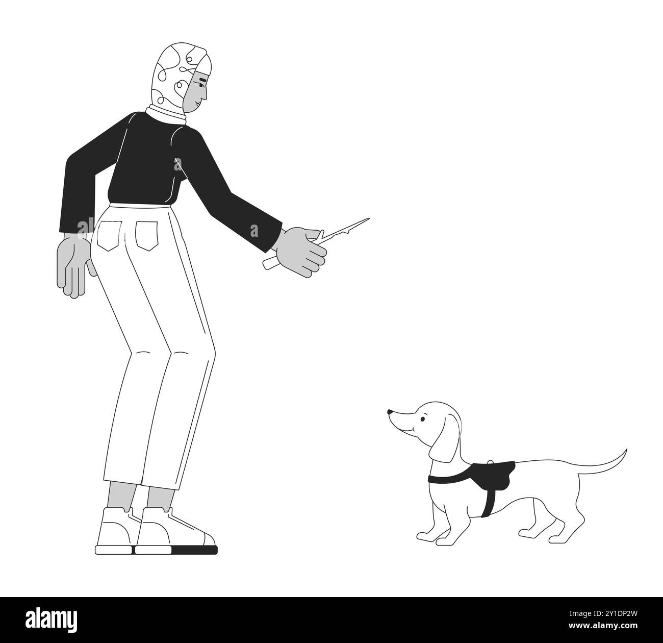 Muslim woman training dachshund black and white 2D line cartoon ...