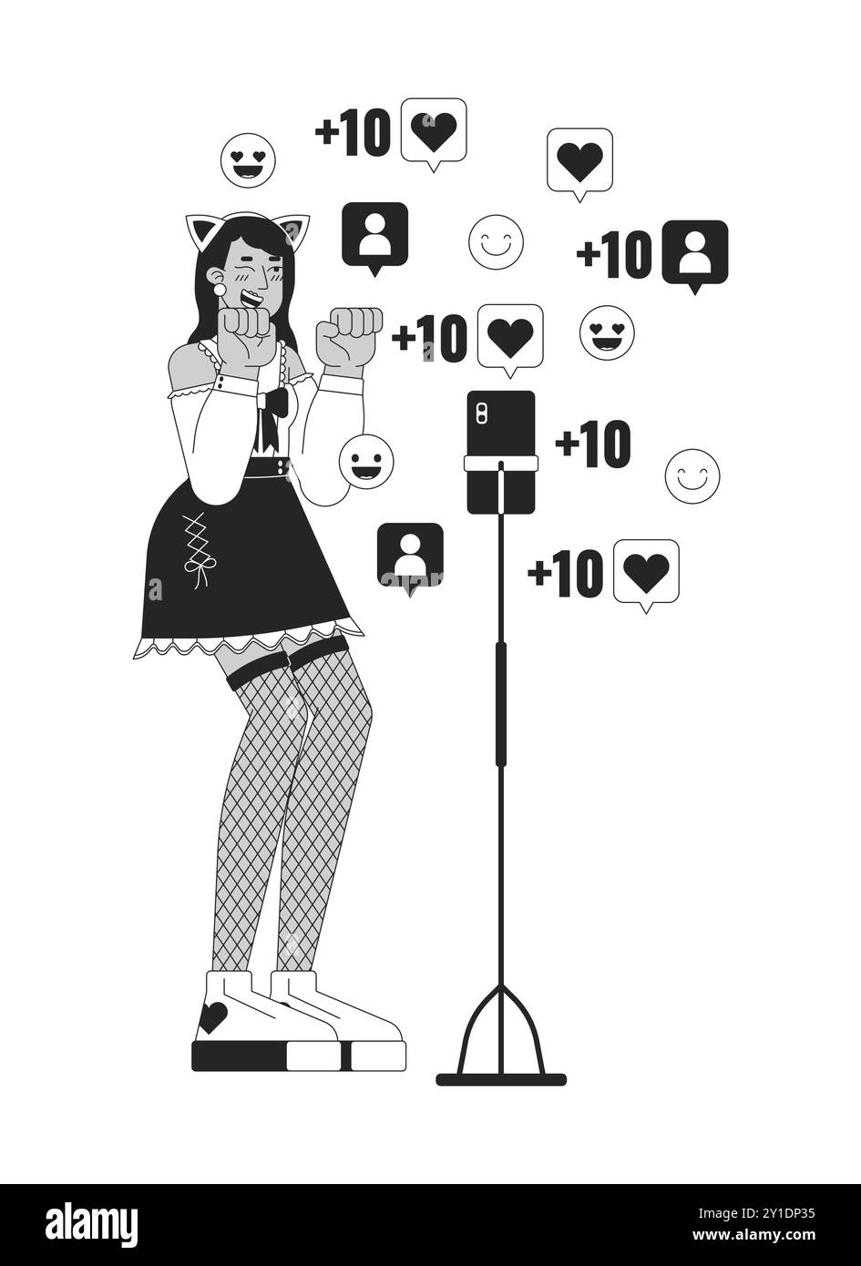 Kawaii female cosplayer in front of phone camera black and white 2D line cartoon character Stock ...