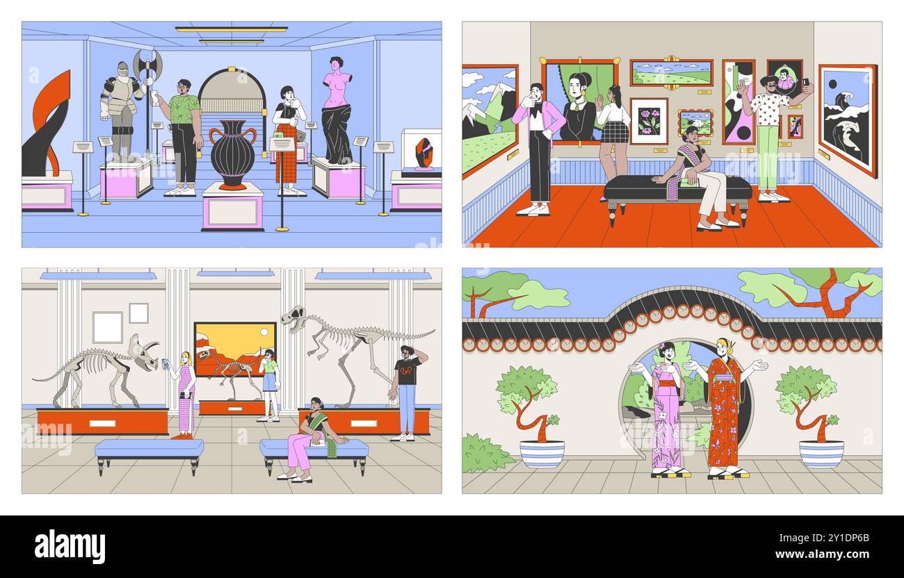 Museums art exhibitions cartoon flat illustrations set Stock Vector ...
