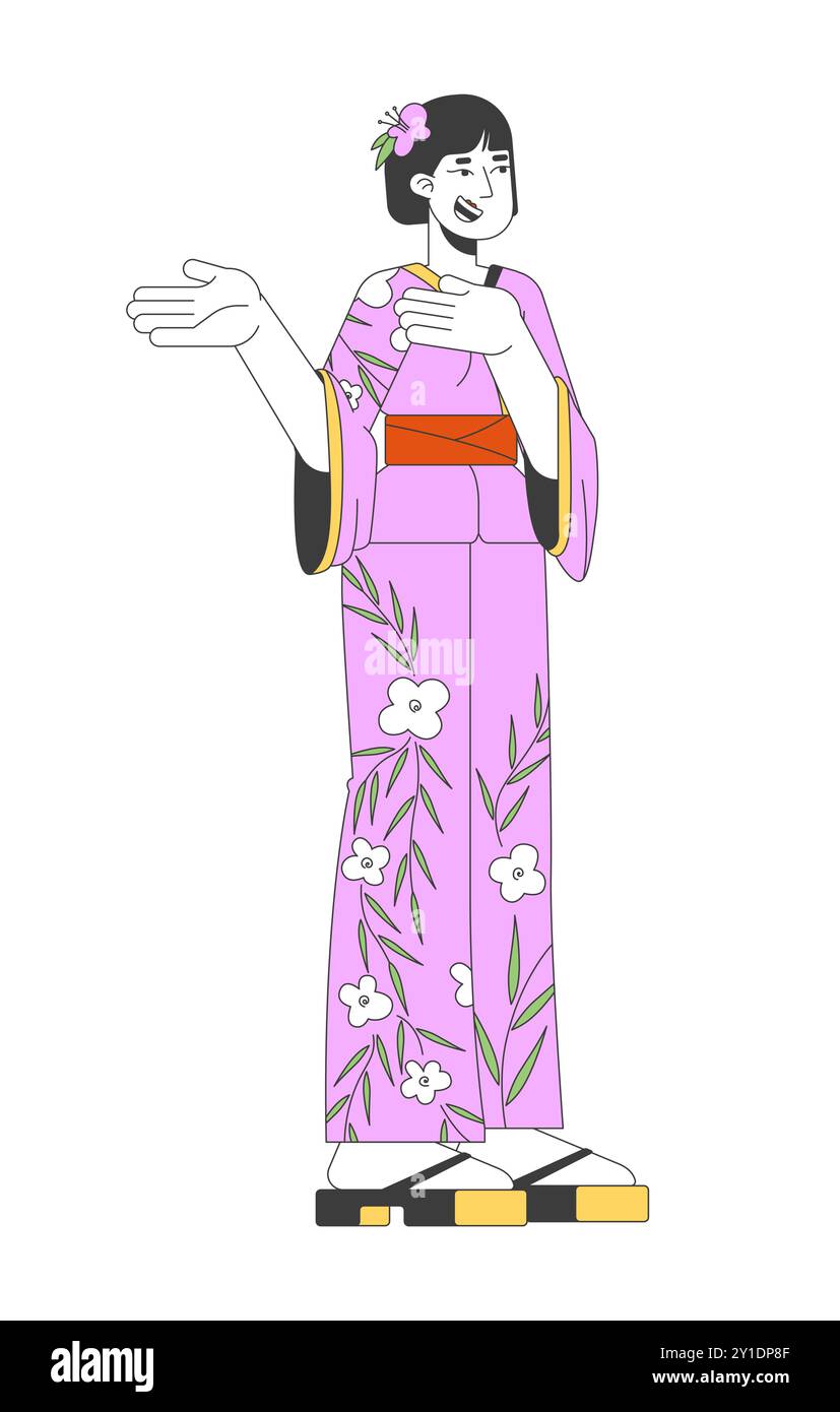 Smiling japanese woman wearing yukata 2D linear cartoon character Stock ...