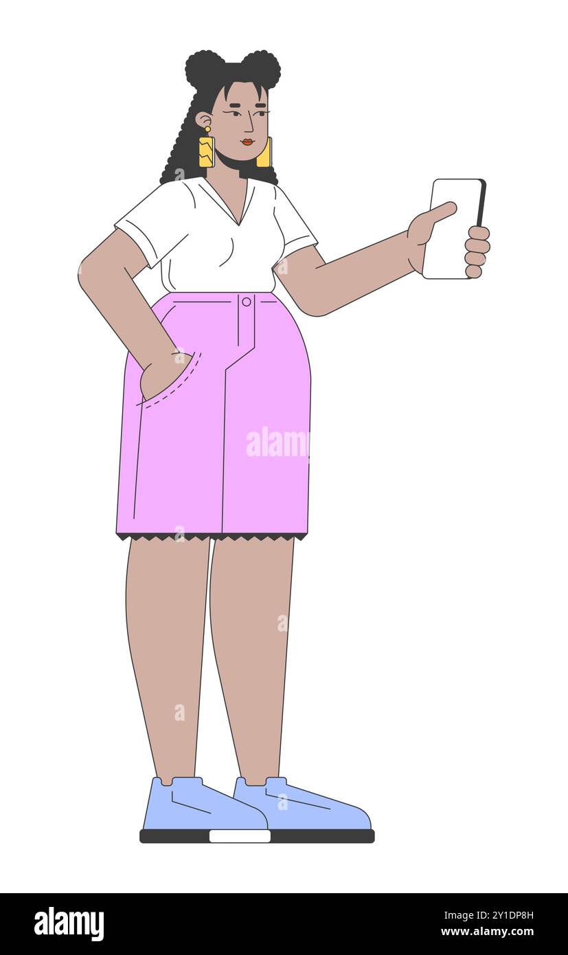 Curvy hispanic woman taking photo with phone 2D linear cartoon ...