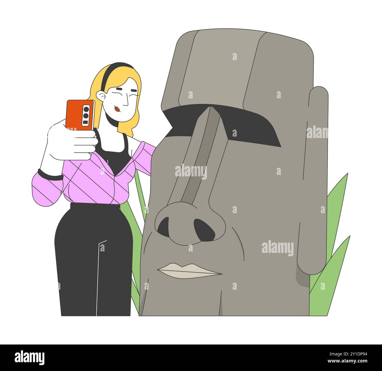 Happy blonde woman taking selfie with moai statue 2D linear cartoon ...