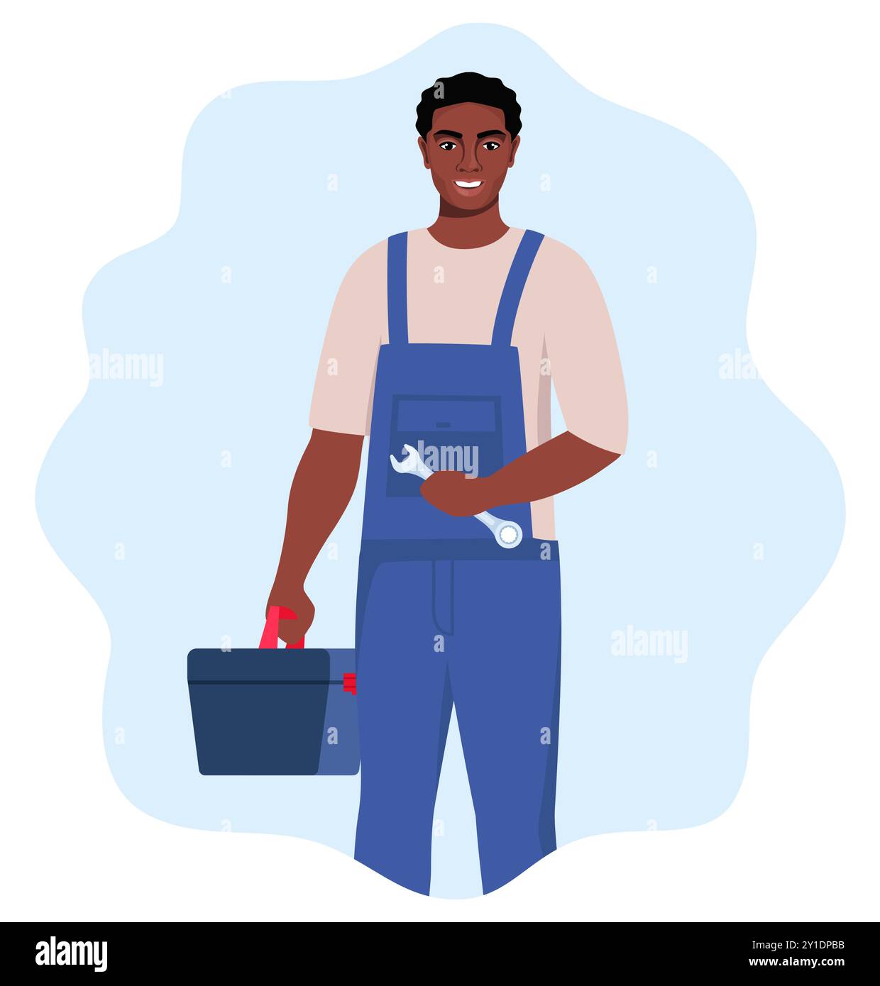 African American black repairman or mechanic with a toolbox. Man ...