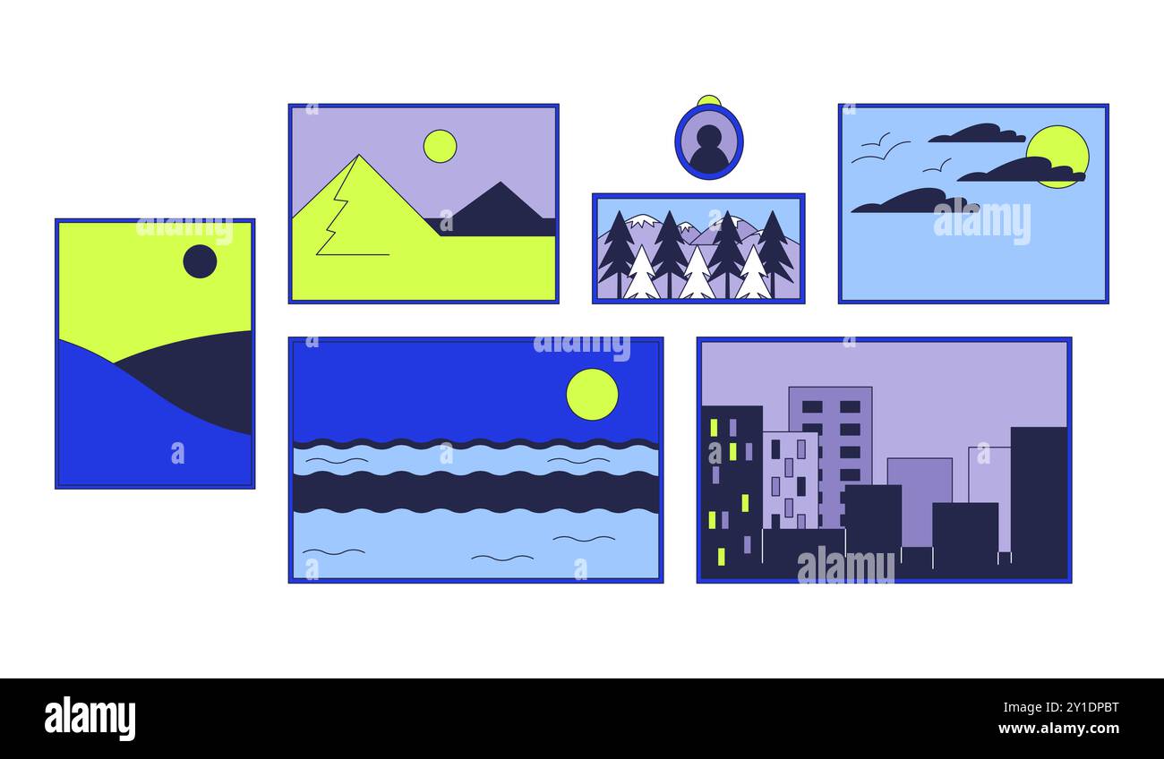 Framed paintings hanging 2D linear cartoon objects set Stock Vector ...