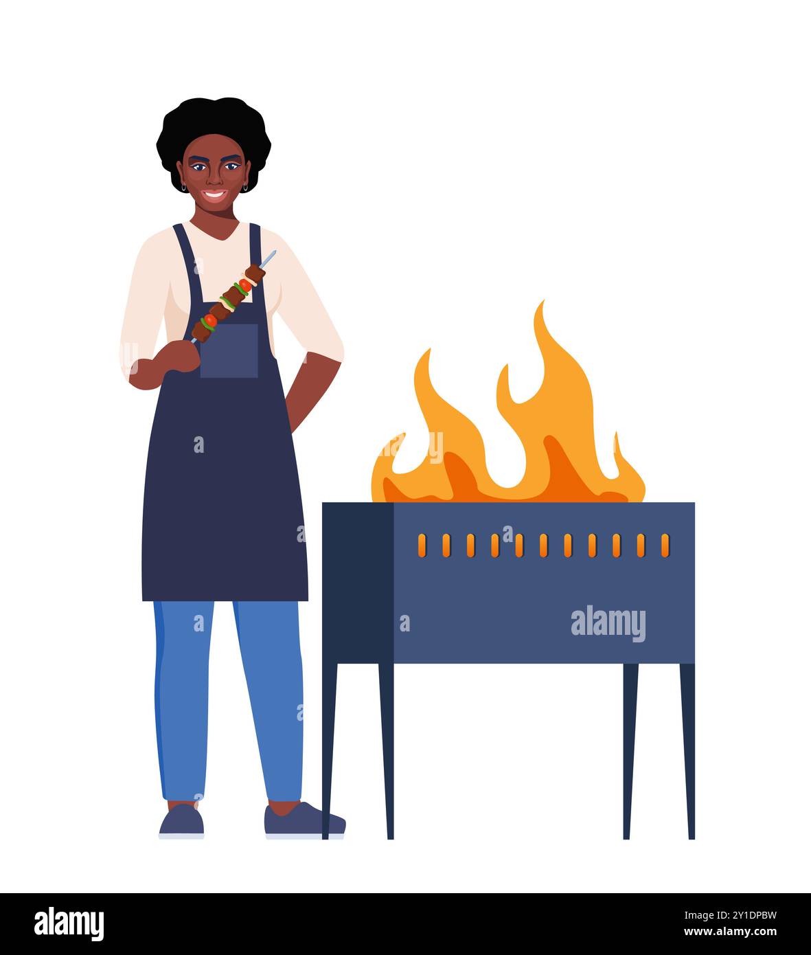 African American woman cooking barbecue grill. Barbecue scene. Smiling ...