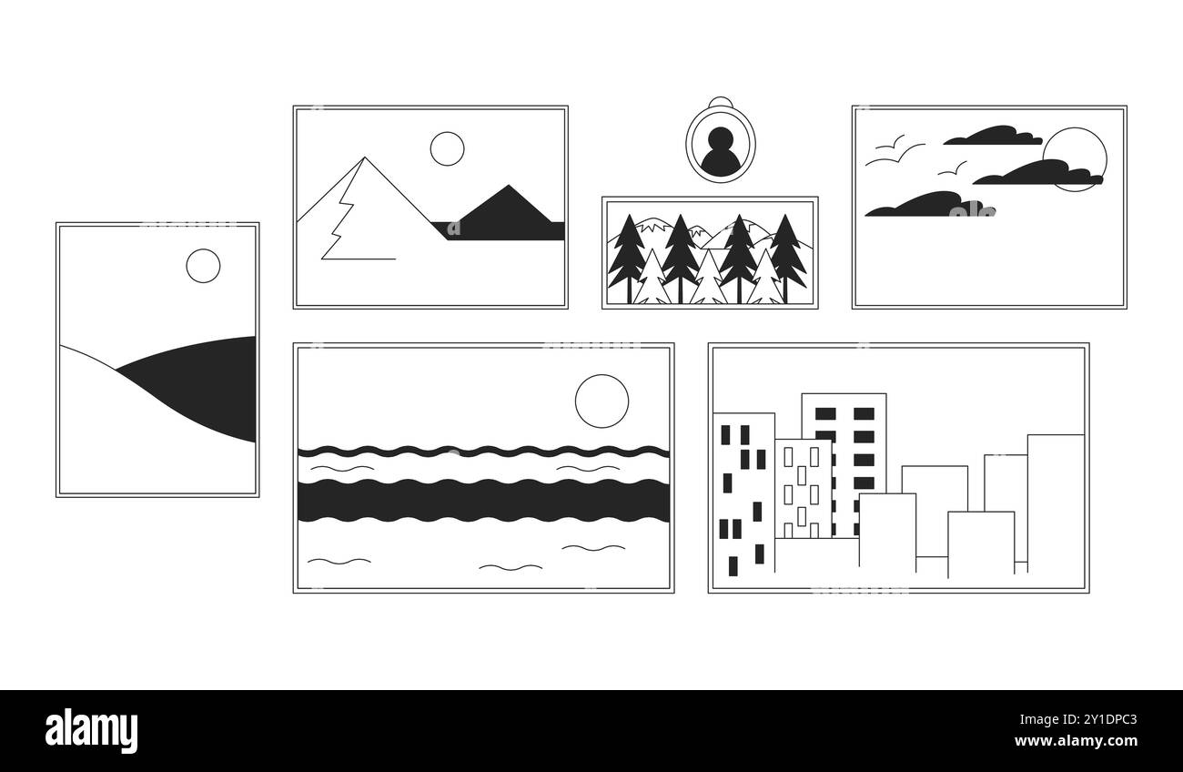 Framed paintings hanging black and white 2D line cartoon objects set Stock Vector Image & Art ...